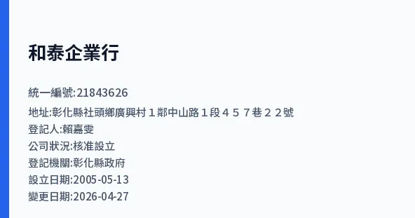 和泰企業行的照片-統編 21843626(彰化縣) 公司登記資料與營業項目詳細圖表