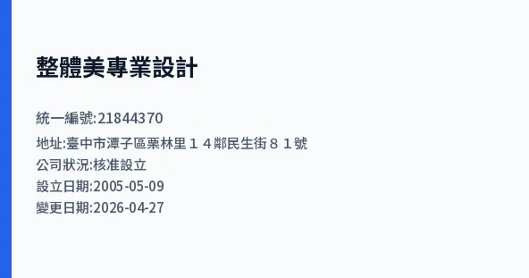 整體美專業設計的照片-統編 21844370(臺中市) 公司登記資料與營業項目詳細圖表