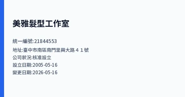 美雅髮型工作室的照片-統編 21844553(臺中市) 公司登記資料與營業項目詳細圖表