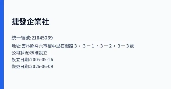 捷發企業社的照片-統編 21845069(雲林縣) 公司登記資料與營業項目詳細圖表