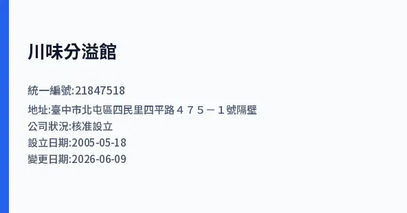 川味分溢館的照片-統編 21847518(臺中市) 公司登記資料與營業項目詳細圖表