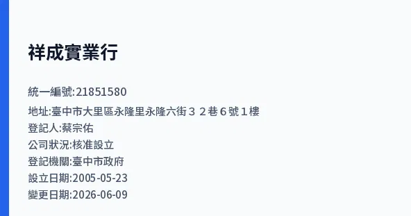 祥成實業行的照片-統編 21851580(臺中市) 公司登記資料與營業項目詳細圖表