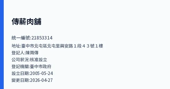 傳薪肉舖的照片-統編 21853314(臺中市) 公司登記資料與營業項目詳細圖表