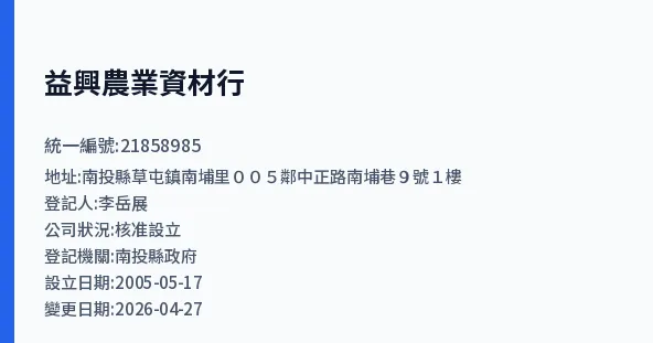 益興農業資材行的照片-統編 21858985(南投縣) 公司登記資料與營業項目詳細圖表