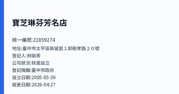 寶芝琳芬芳名店的照片-統編 21859274(臺中市) 公司登記資料與營業項目詳細圖表
