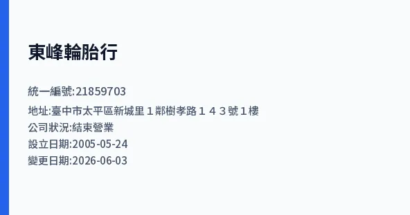 東峰輪胎行的照片-統編 21859703(臺中市) 公司登記資料與營業項目詳細圖表