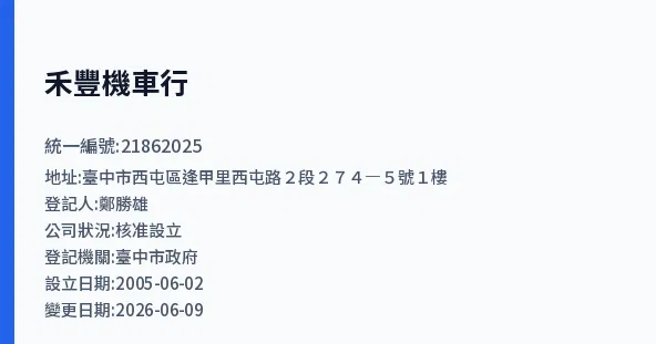 禾豐機車行的照片-統編 21862025(臺中市) 公司登記資料與營業項目詳細圖表