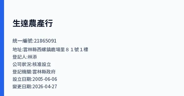 生達農產行的照片-統編 21865091(雲林縣) 公司登記資料與營業項目詳細圖表