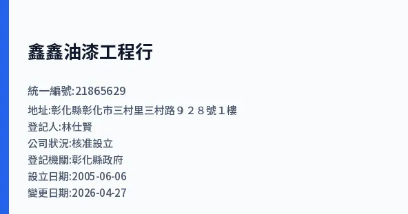 鑫鑫油漆工程行的照片-統編 21865629(彰化縣) 公司登記資料與營業項目詳細圖表