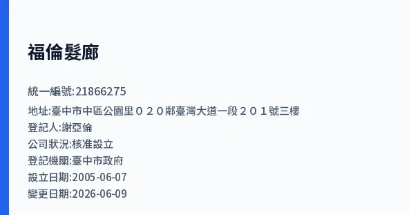 福倫髮廊的照片-統編 21866275(臺中市) 公司登記資料與營業項目詳細圖表