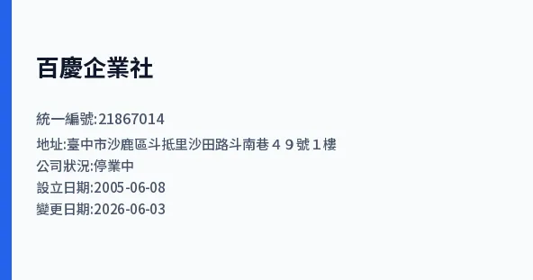 百慶企業社的照片-統編 21867014(臺中市) 公司登記資料與營業項目詳細圖表