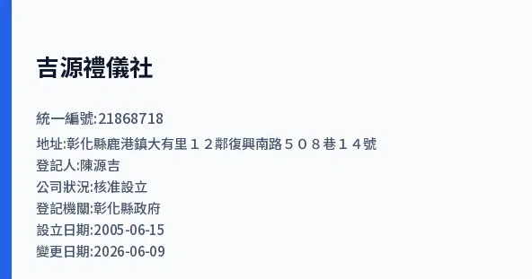 吉源禮儀社的照片-統編 21868718(彰化縣) 公司登記資料與營業項目詳細圖表