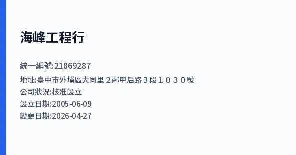 海峰工程行的照片-統編 21869287(臺中市) 公司登記資料與營業項目詳細圖表