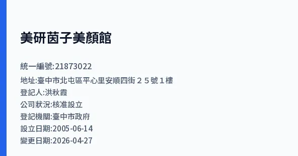美研茵子美顏館的照片-統編 21873022(臺中市) 公司登記資料與營業項目詳細圖表