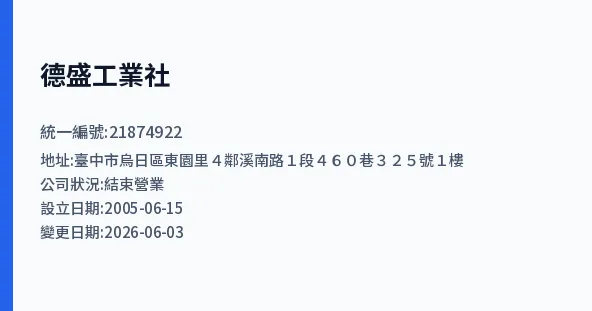德盛工業社的照片-統編 21874922(臺中市) 公司登記資料與營業項目詳細圖表