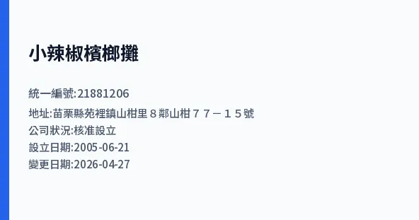 小辣椒檳榔攤的照片-統編 21881206(苗栗縣) 公司登記資料與營業項目詳細圖表