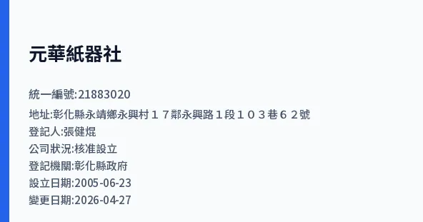 元華紙器社的照片-統編 21883020(彰化縣) 公司登記資料與營業項目詳細圖表