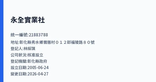 永全實業社的照片-統編 21883788(彰化縣) 公司登記資料與營業項目詳細圖表