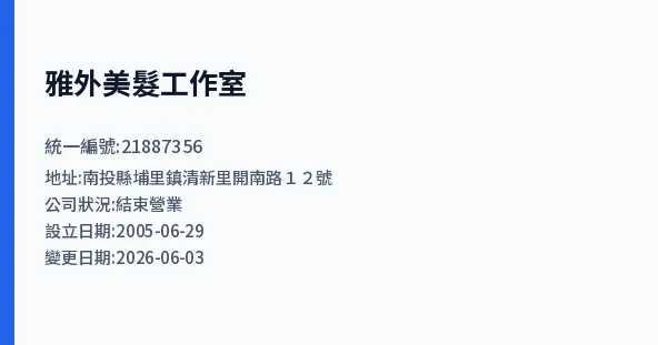 雅外美髮工作室的照片-統編 21887356(南投縣) 公司登記資料與營業項目詳細圖表