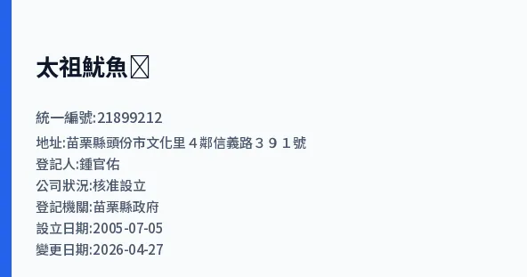 太祖魷魚焿的照片-統編 21899212(苗栗縣) 公司登記資料與營業項目詳細圖表