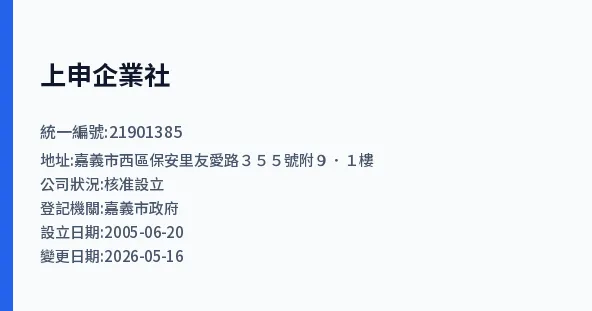上申企業社的照片-統編 21901385(嘉義市) 公司登記資料與營業項目詳細圖表