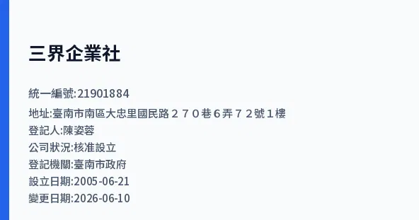 三界企業社的照片-統編 21901884(臺南市) 公司登記資料與營業項目詳細圖表