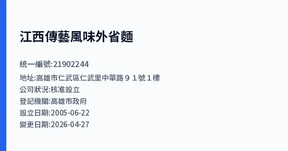 江西傳藝風味外省麵的照片-統編 21902244(高雄市) 公司登記資料與營業項目詳細圖表