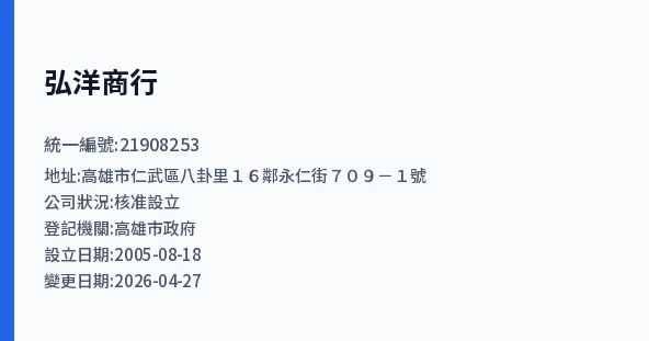 弘洋商行的照片-統編 21908253(高雄市) 公司登記資料與營業項目詳細圖表