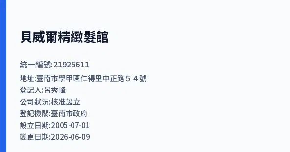 貝威爾精緻髮館的照片-統編 21925611(臺南市) 公司登記資料與營業項目詳細圖表