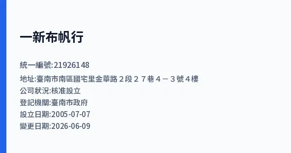 一新布帆行的照片-統編 21926148(臺南市) 公司登記資料與營業項目詳細圖表