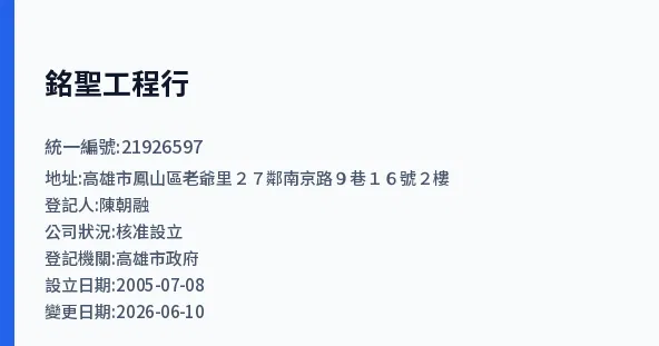 銘聖工程行的照片-統編 21926597(高雄市) 公司登記資料與營業項目詳細圖表