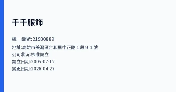 千千服飾的照片-統編 21930889(高雄市) 公司登記資料與營業項目詳細圖表