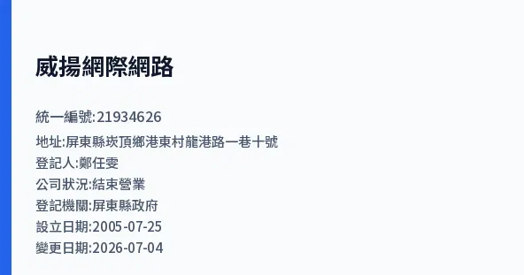 威揚網際網路的照片-統編 21934626(屏東縣) 公司登記資料與營業項目詳細圖表