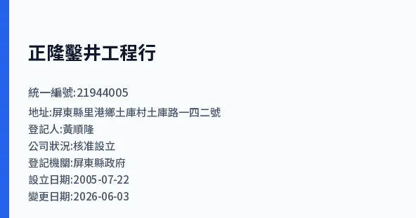 正隆鑿井工程行的照片-統編 21944005(屏東縣) 公司登記資料與營業項目詳細圖表