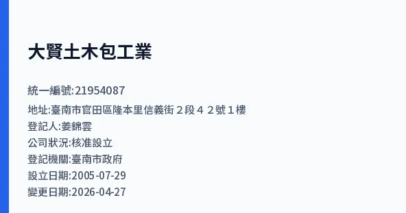 大賢土木包工業的照片-統編 21954087(臺南市) 公司登記資料與營業項目詳細圖表