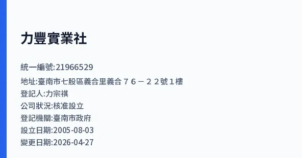 力豐實業社的照片-統編 21966529(臺南市) 公司登記資料與營業項目詳細圖表