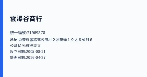 雲瀑谷商行的照片-統編 21969878(嘉義縣) 公司登記資料與營業項目詳細圖表