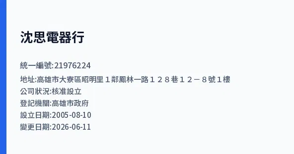 沈思電器行的照片-統編 21976224(高雄市) 公司登記資料與營業項目詳細圖表