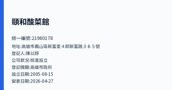 頤和酸菜館的照片-統編 21980178(高雄市) 公司登記資料與營業項目詳細圖表