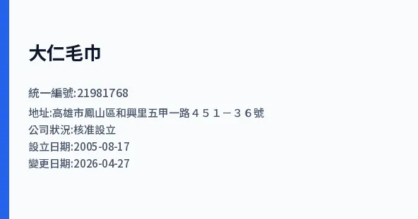 大仁毛巾的照片-統編 21981768(高雄市) 公司登記資料與營業項目詳細圖表