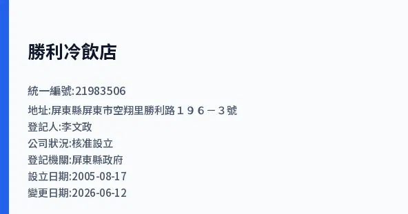 勝利冷飲店的照片-統編 21983506(屏東縣) 公司登記資料與營業項目詳細圖表