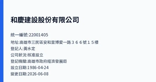 和慶建設股份有限公司的照片-統編 22001405(高雄市) 公司登記資料與營業項目詳細圖表