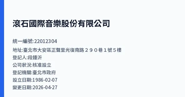 滾石國際音樂股份有限公司的照片-統編 22012304(臺北市) 公司登記資料與營業項目詳細圖表