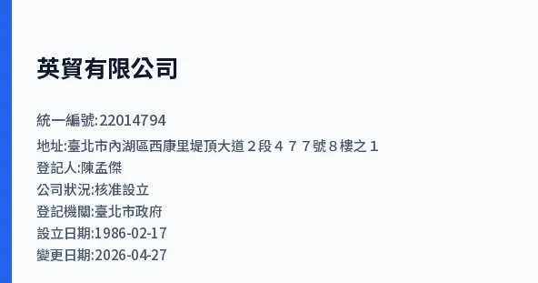 英貿有限公司的照片-統編 22014794(臺北市) 公司登記資料與營業項目詳細圖表
