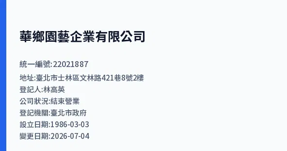 華鄉園藝企業有限公司的照片-統編 22021887(臺北市) 公司登記資料與營業項目詳細圖表