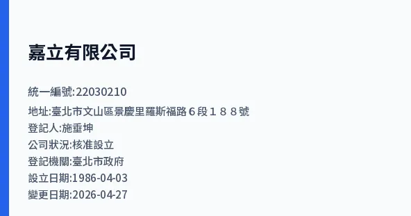 嘉立有限公司的照片-統編 22030210(臺北市) 公司登記資料與營業項目詳細圖表