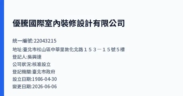 優騰國際室內裝修設計有限公司的照片-統編 22043215(臺北市) 公司登記資料與營業項目詳細圖表