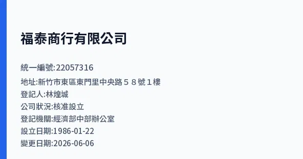 福泰商行有限公司的照片-統編 22057316(新竹市) 公司登記資料與營業項目詳細圖表