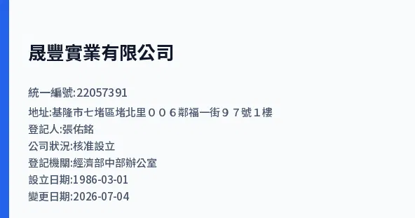 晟豐實業有限公司的照片-統編 22057391(基隆市) 公司登記資料與營業項目詳細圖表