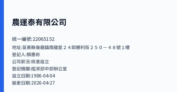 農運泰有限公司的照片-統編 22065152(苗栗縣) 公司登記資料與營業項目詳細圖表